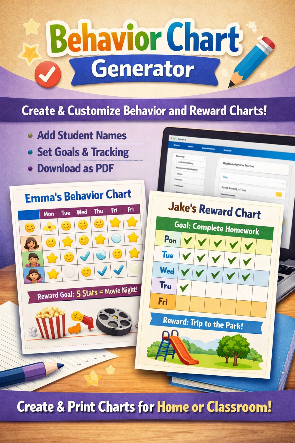 Free Behavior Chart Generator for Teachers — Printable Student Reward ...